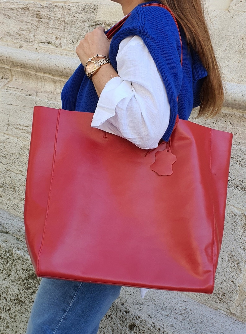 Handmade Red Leather Tote Bag: Large Women's Shopper - Etsy