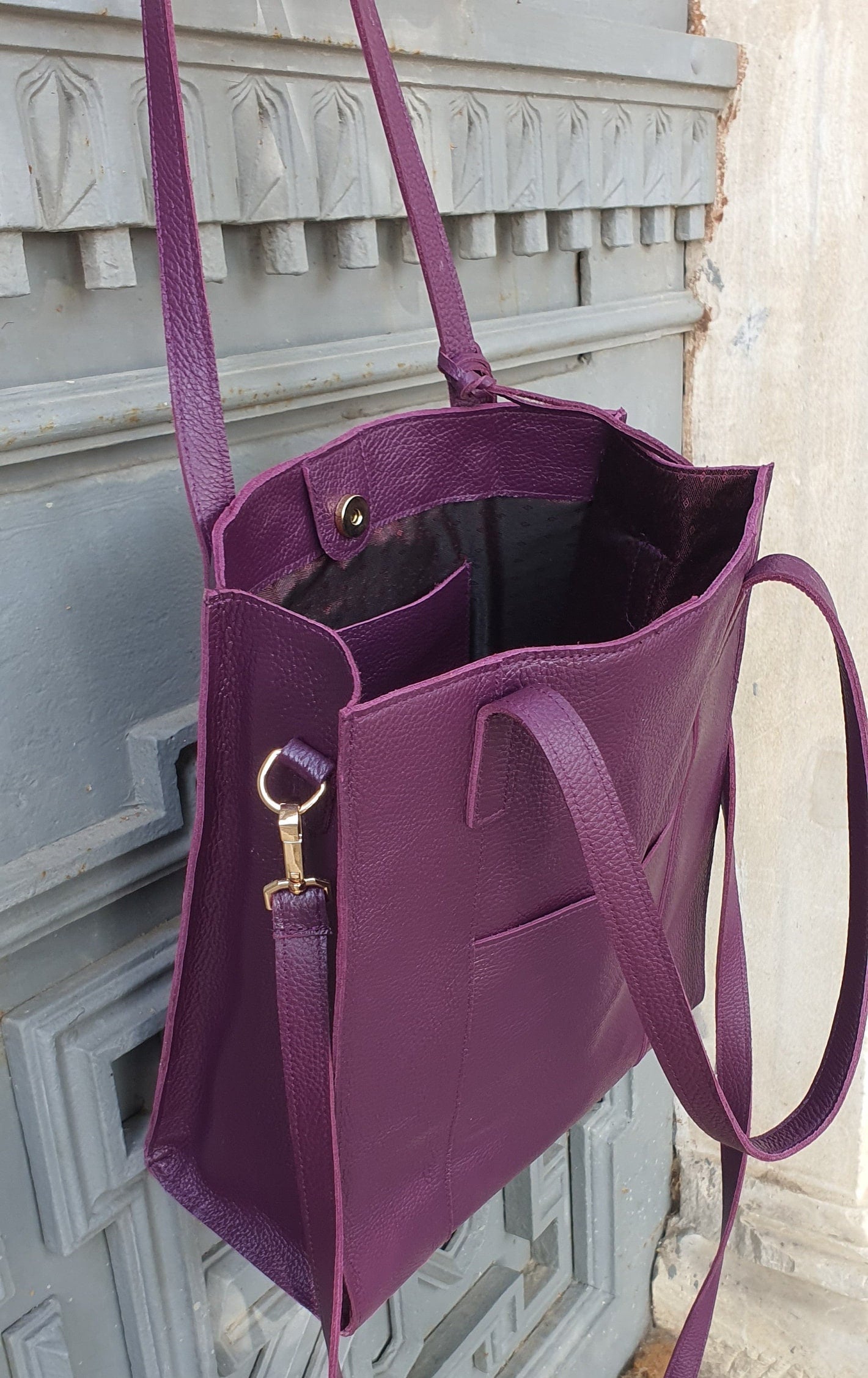 Leather Crossbody Tote, Plum Leather Shoulder Bag, Pebbles Leather Tote ...