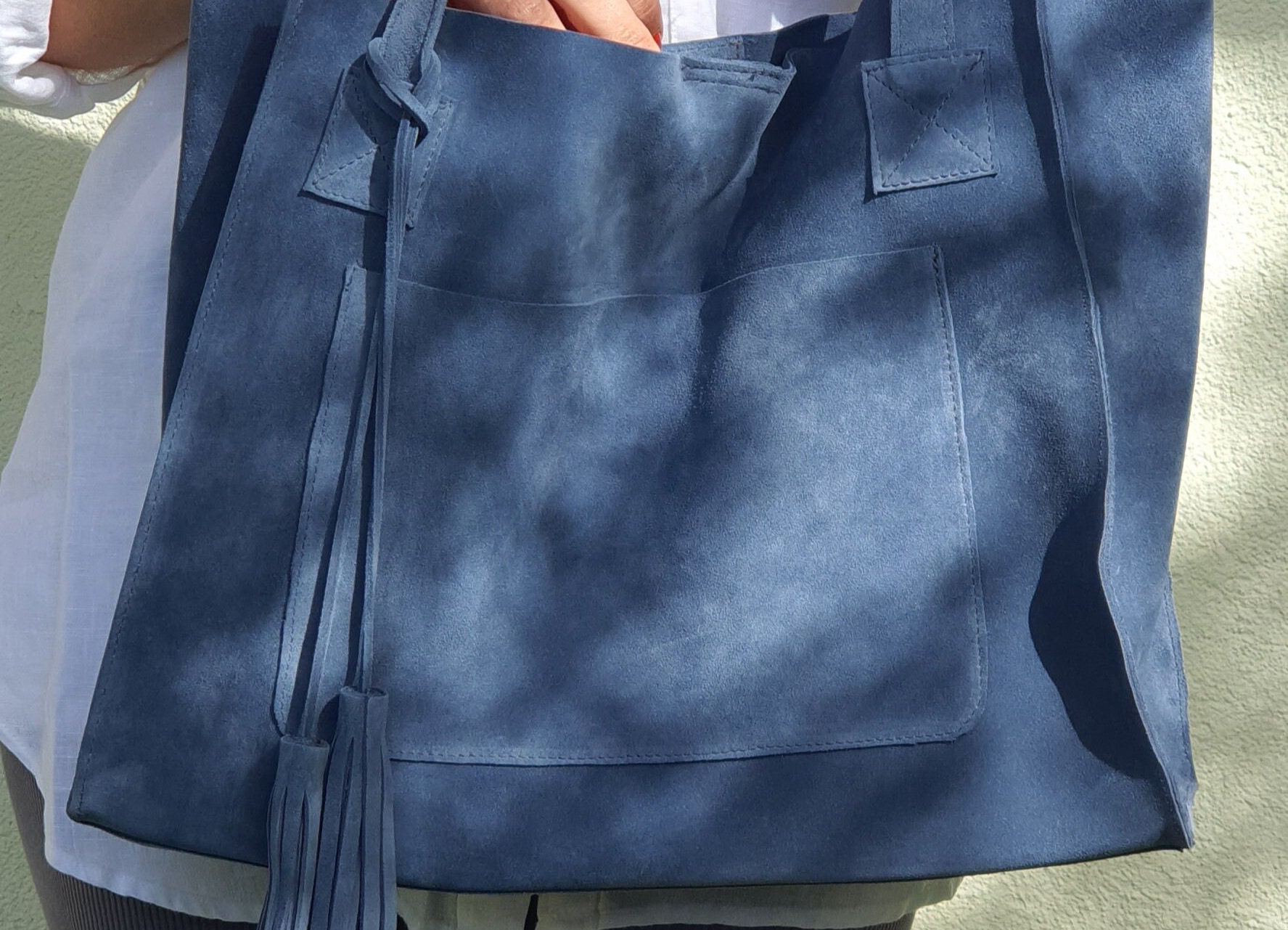 Blue Suede Shoulder Bag for Women, Slouchy Tote, Shopper Bag, Gift for ...