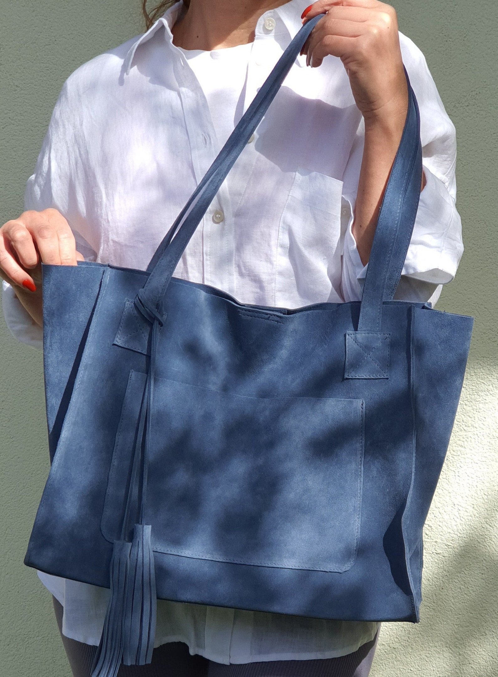 Blue Suede Shoulder Bag for Women, Slouchy Tote, Shopper Bag, Gift for ...
