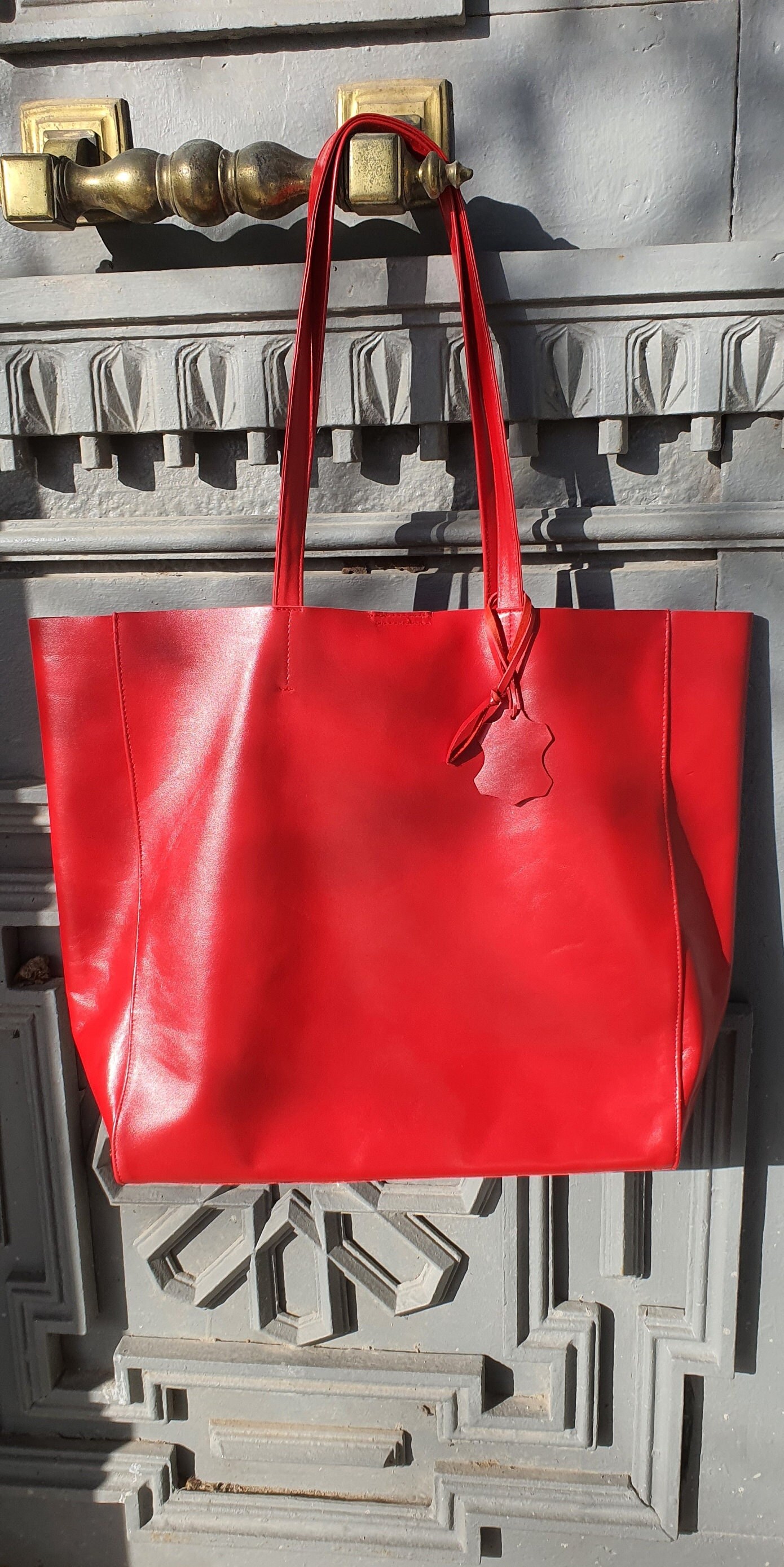Handmade Red Leather Tote Bag: Large Women's Shopper - Etsy