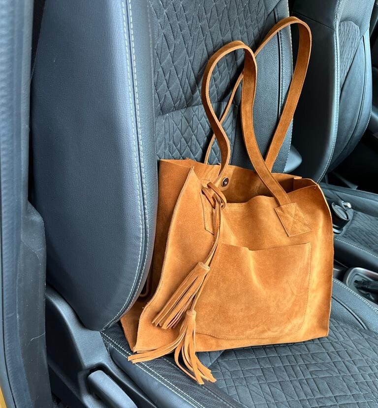 Tan Suede Tote Bag, Suede Shoulder Bag, Suede Shopping Bag, Ginger ...