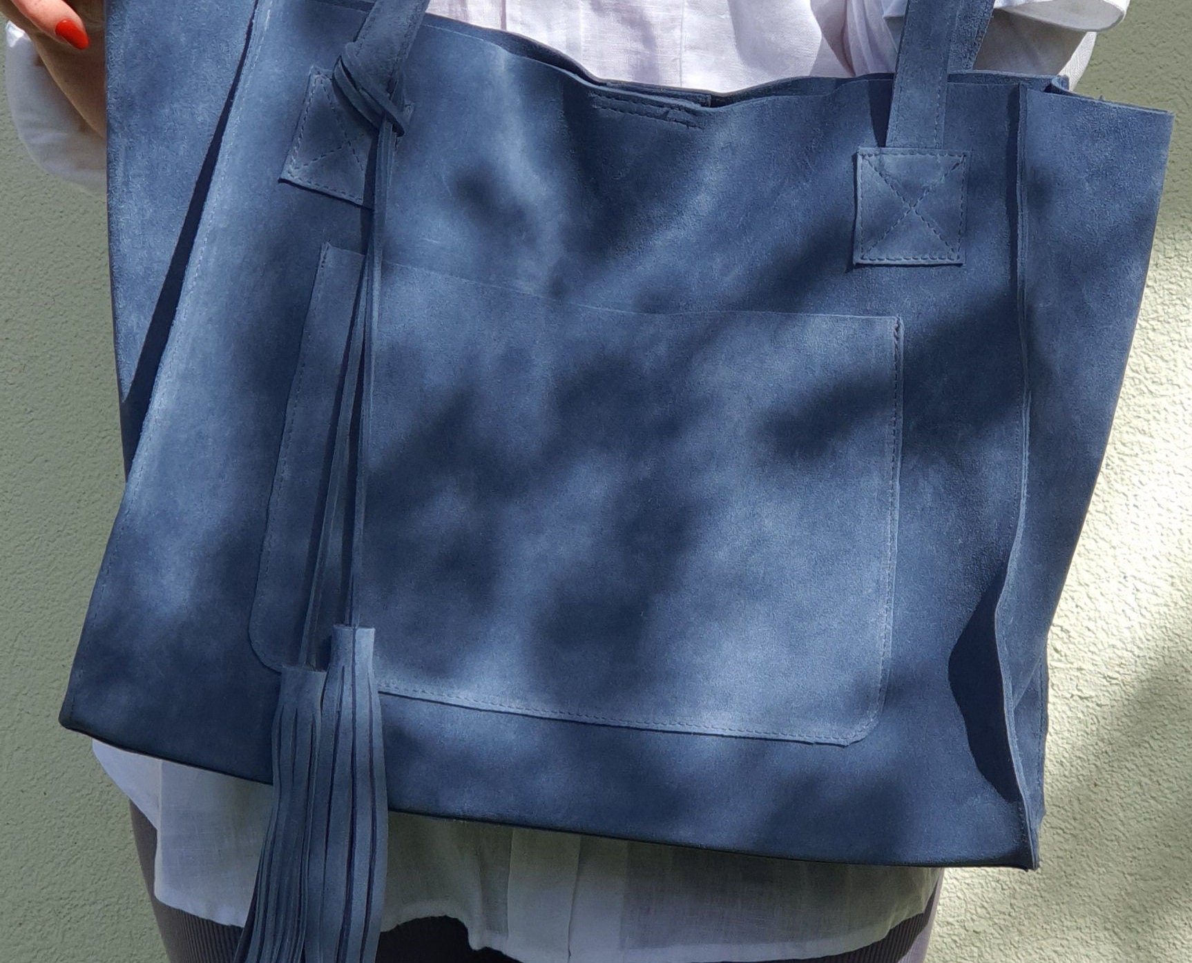 Blue Suede Shoulder Bag for Women, Slouchy Tote, Shopper Bag, Gift for ...