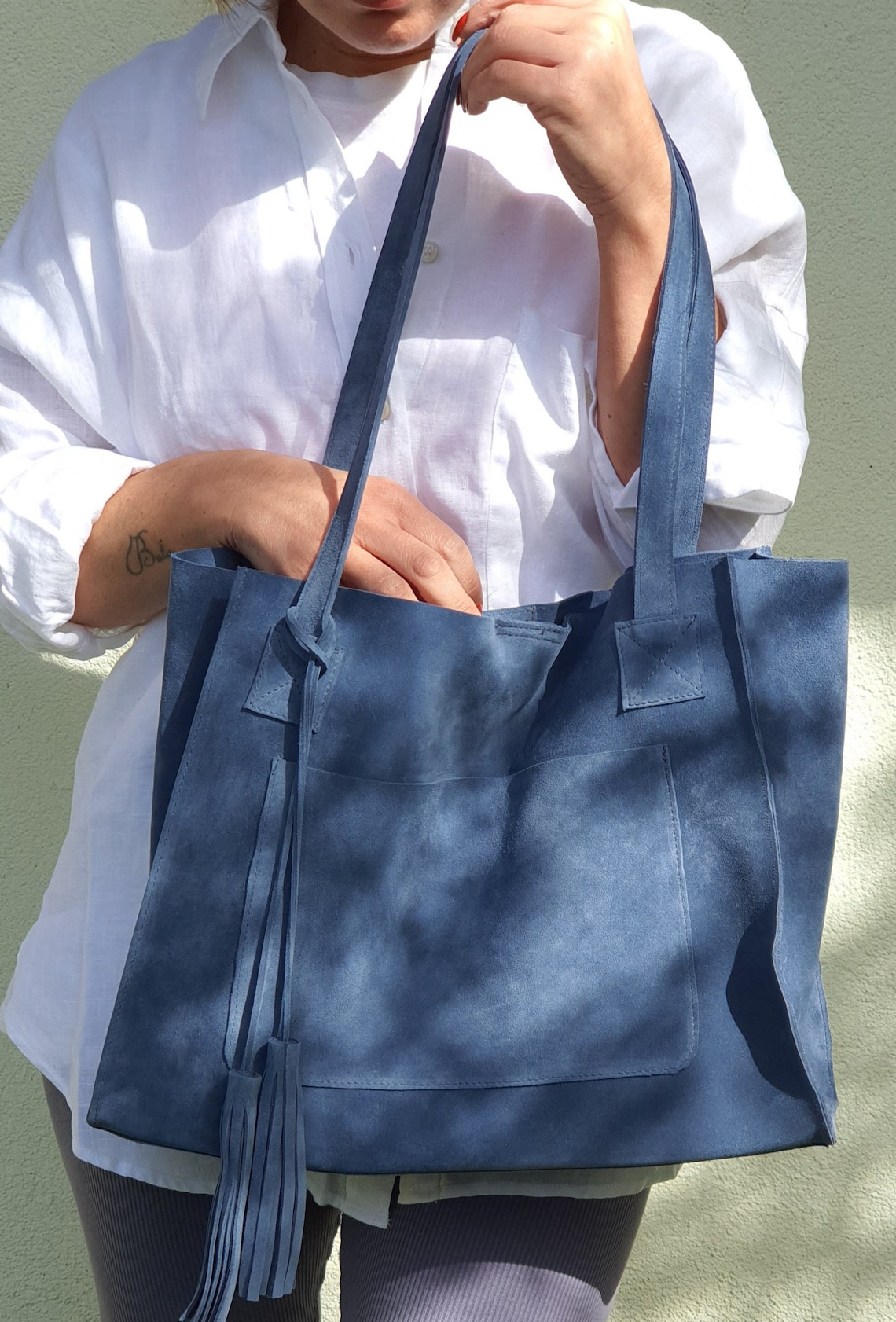 Blue Suede Shoulder Bag for Women, Slouchy Tote, Shopper Bag, Gift for ...