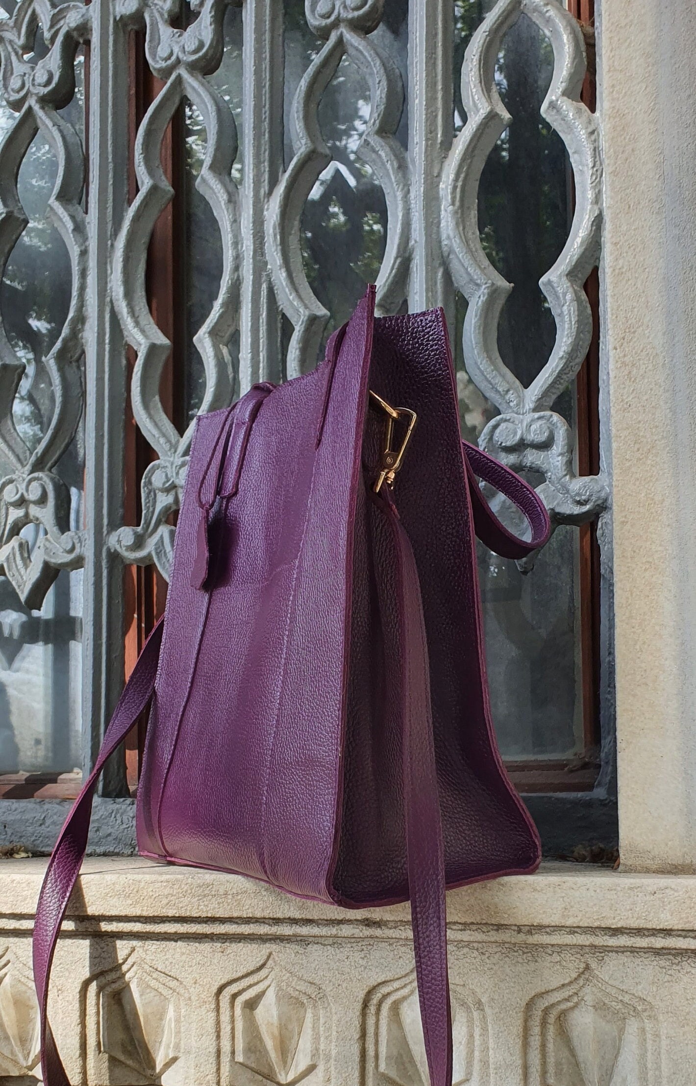 Leather Crossbody Tote, Plum Leather Shoulder Bag, Pebbles Leather Tote ...