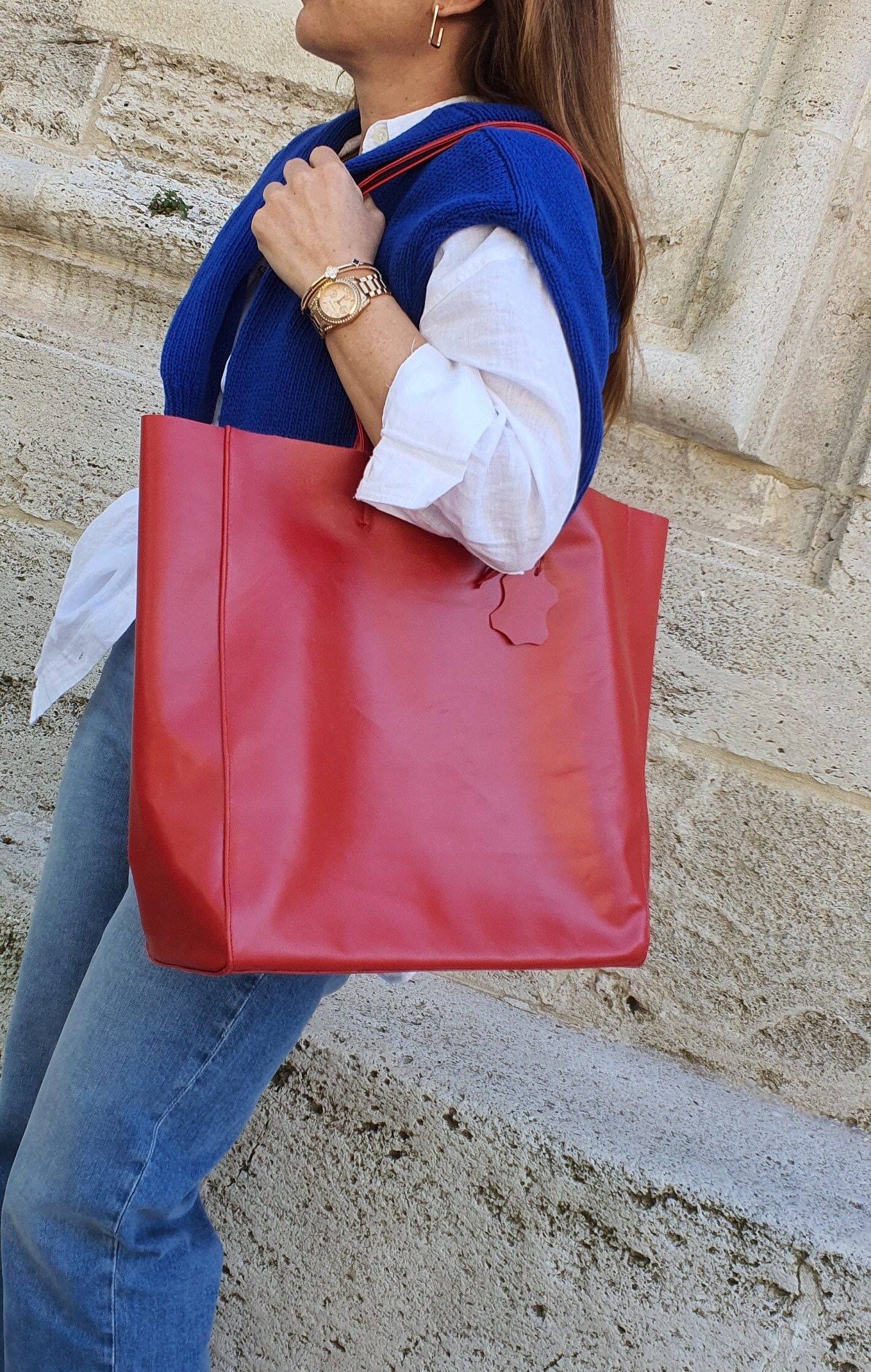 Handmade Red Leather Tote Bag: Large Women's Shopper - Etsy