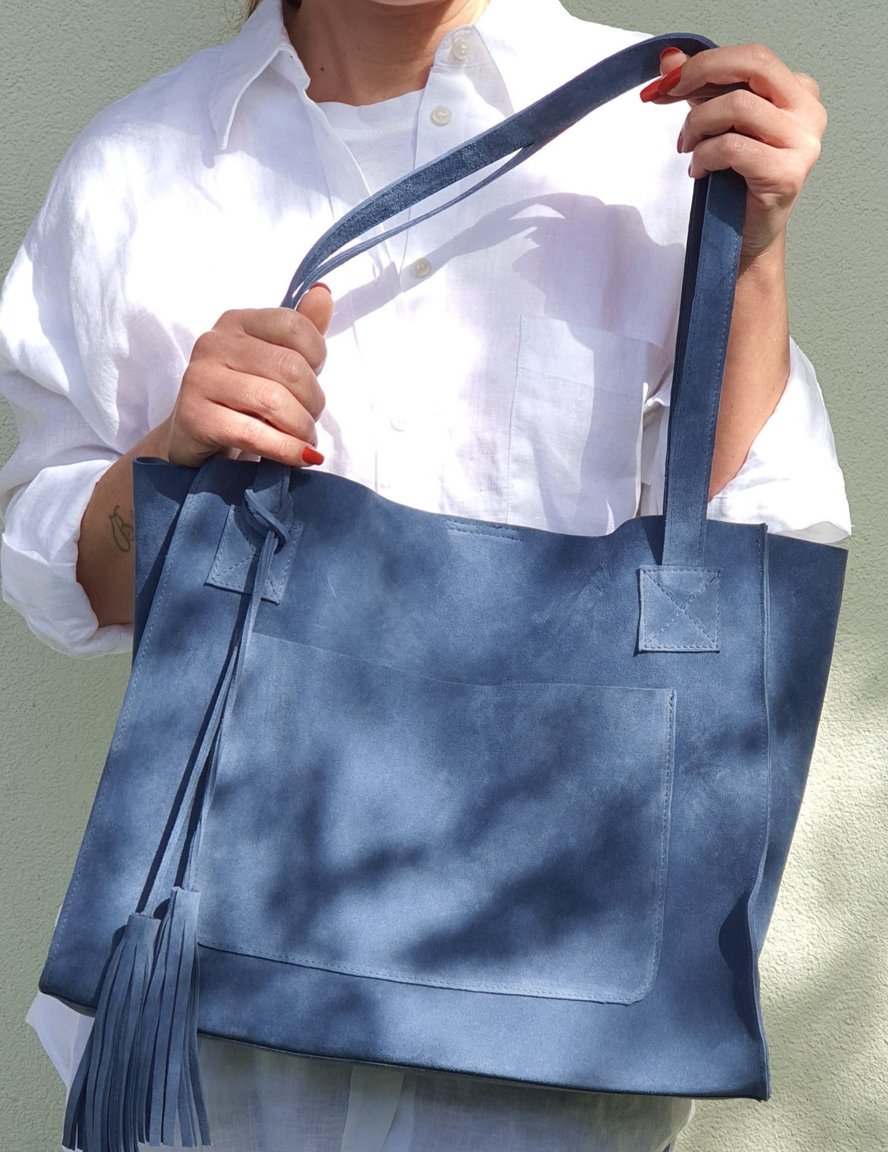 Blue Suede Shoulder Bag for Women, Slouchy Tote, Shopper Bag, Gift for ...
