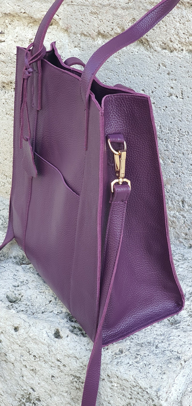 Leather Crossbody Tote, Plum Leather Shoulder Bag, Pebbles Leather Tote ...