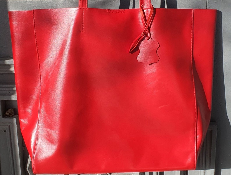 Handmade Red Leather Tote Bag: Large Women's Shopper - Etsy