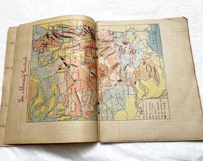 1930s - 56-pages Handwritten French School Workbook With Beautiful Maps ...