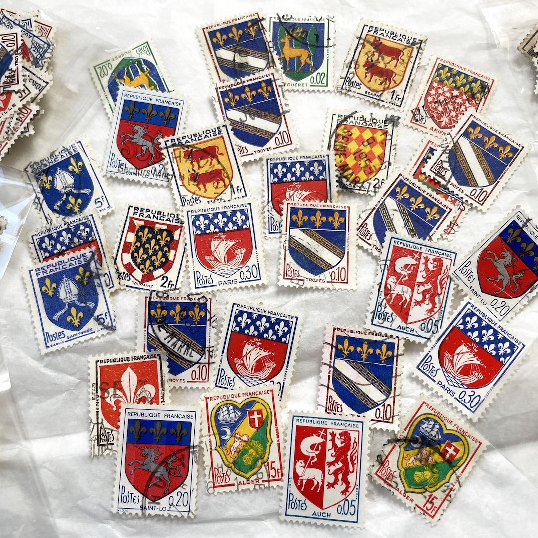 1950s - Set of 30 Vintage French Stamps Representing the Coat of Arms ...