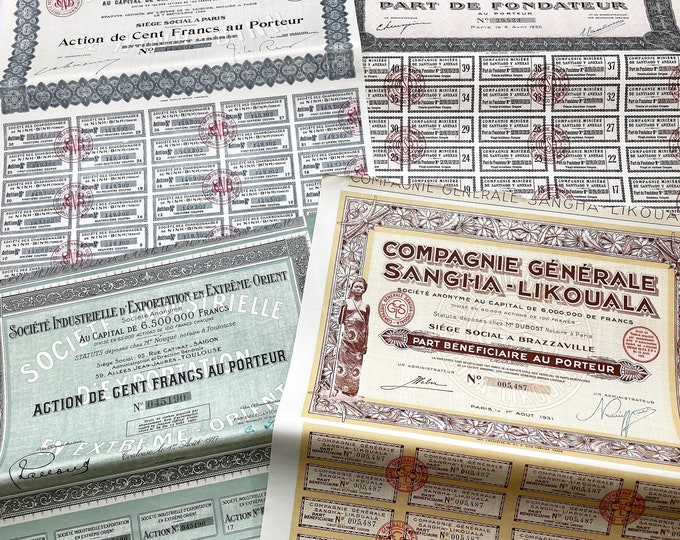 1920s - 4 Huge and Decorative Bearer Shares of French Companies With ...