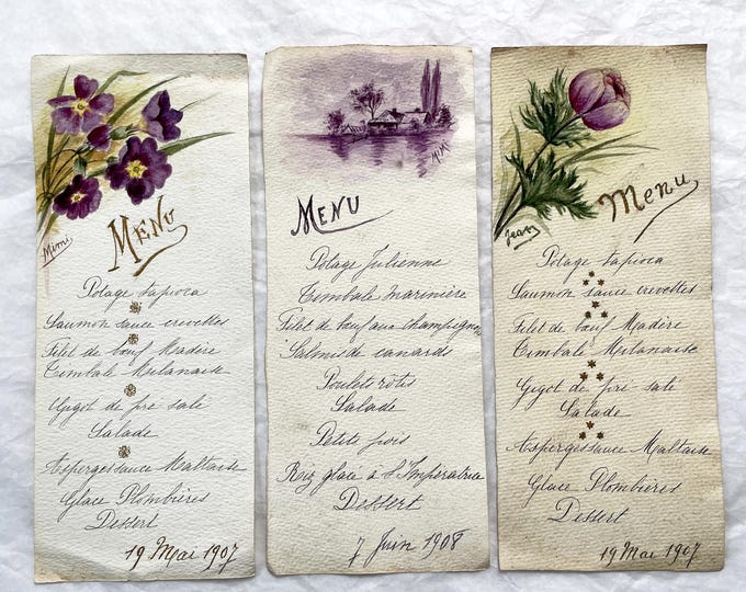 1900s - Antique French Menu - Hand-painted Watercolor Floral Designs ...