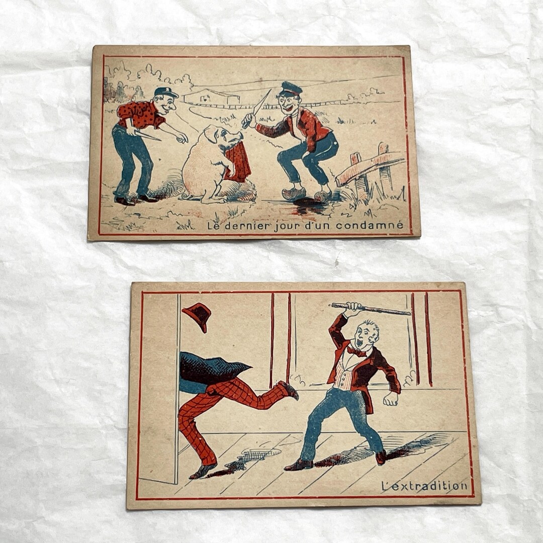 1910s - 2 French Advertising Chromo Cards - Humorous Illustrated Set ...