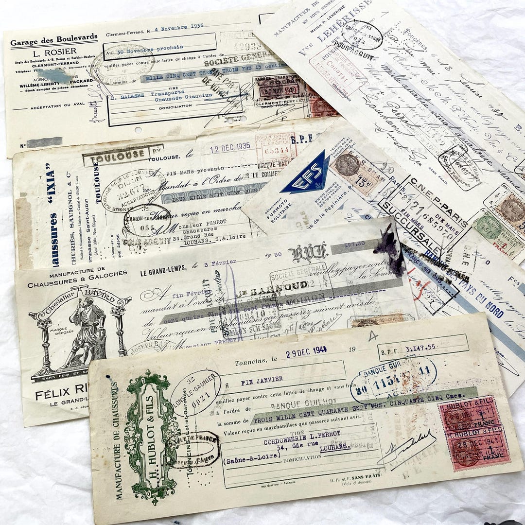 1930s - 6 Antique French Bills of Exchange – Handwritten Commercial ...