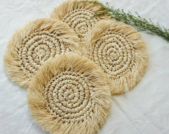Handmade Round Raffia Coaster Set Raffia Fringe Coaster Set - Etsy