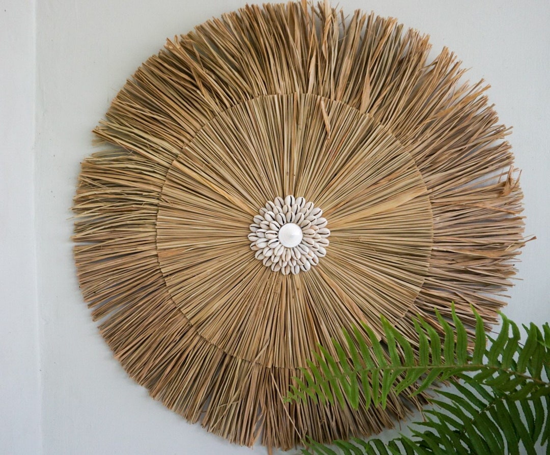 Coastal Round Raffia Decor | Cowrie Juju Seagrass Wall Hanging | Raffia Tropical Wall Decor in ...