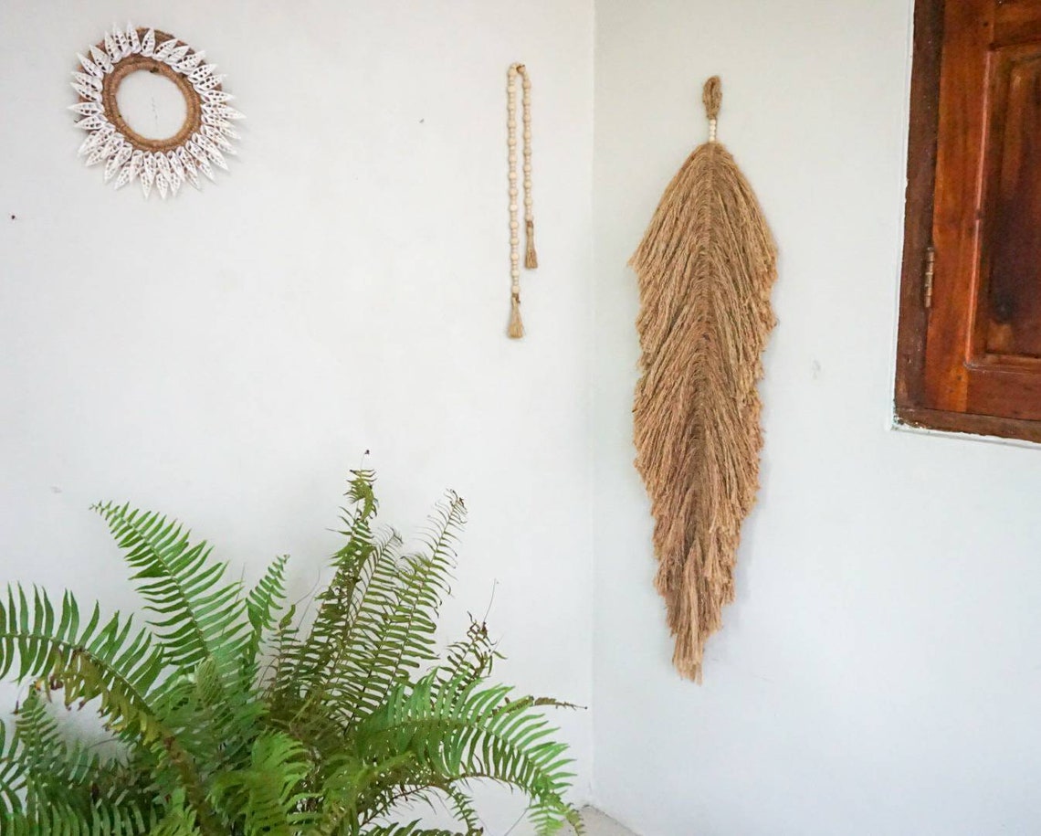 Jute Boho Feather Macrame Boho Leaf Wall Decor Bohemian - Etsy