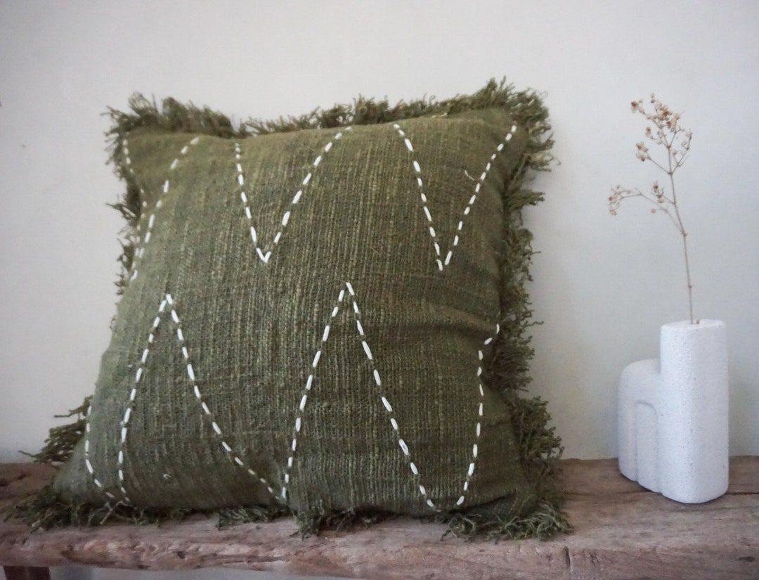 Tropical Green Boho Pillow Cover | Hand-stitched Fringed Cushion - Etsy