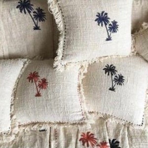 Embroidery White Fringes Palm Tree Pillow Cover | Modern Beachhouse ...