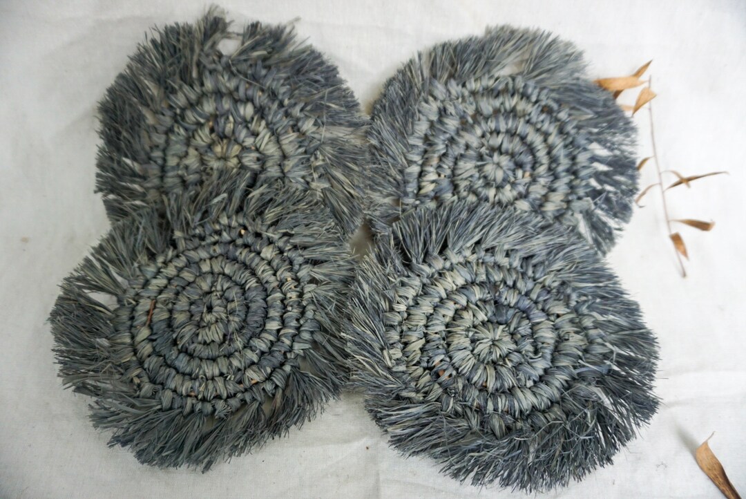SET of 4 Gray Round Raffia Coaster | Raffia Fringe Coaster Set | Raffia ...