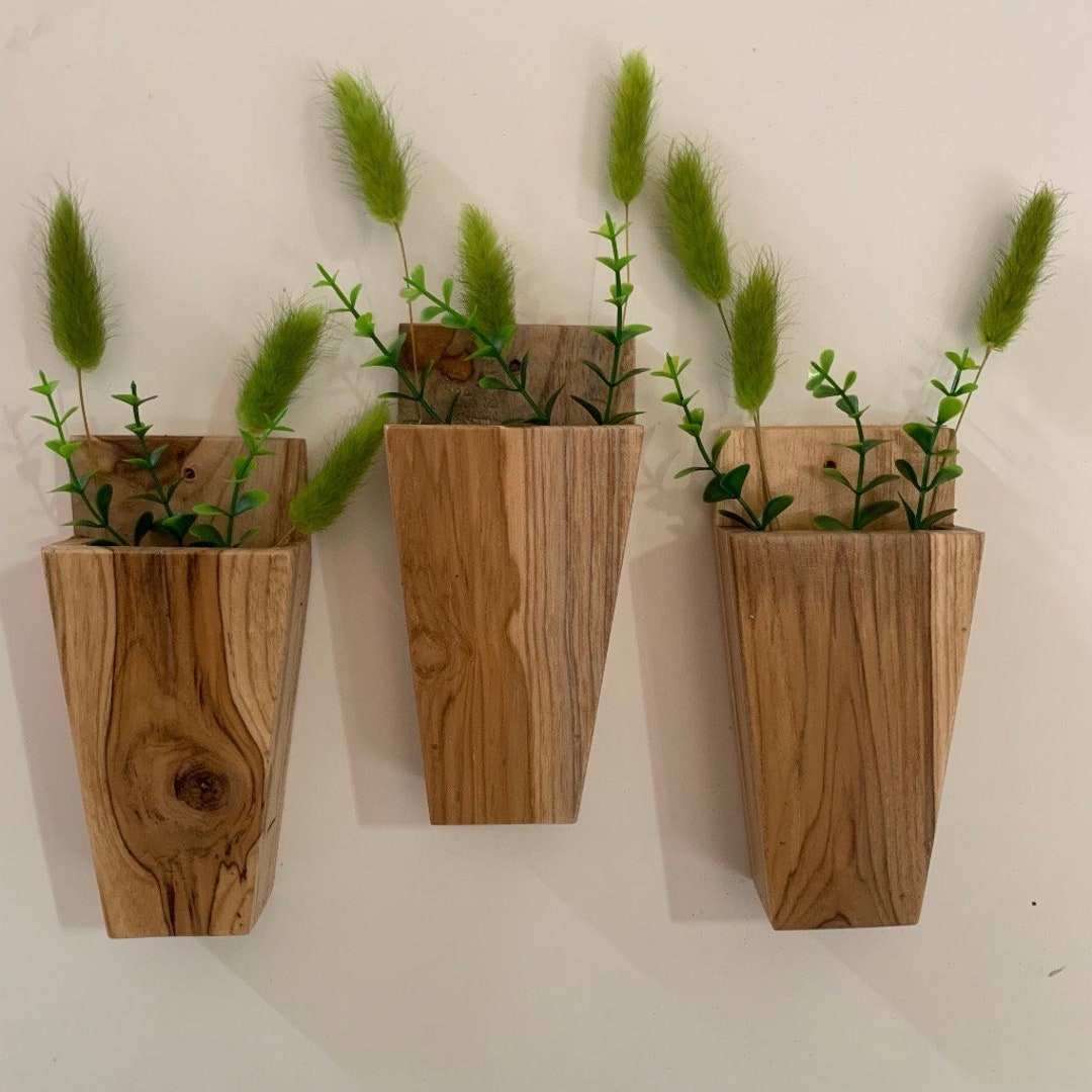 Set of 3 Rustic Wooden Vases With Faux Flowers | Housewarming Decor - Etsy