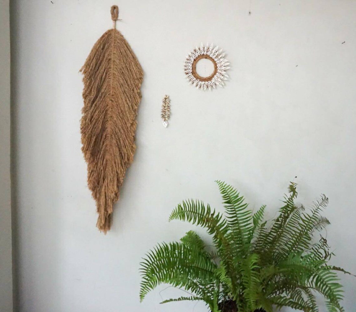 Jute Boho Feather Macrame Boho Leaf Wall Decor Bohemian - Etsy