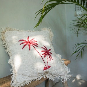 Embroidery White Fringes Palm Tree Pillow Cover | Modern Beachhouse ...