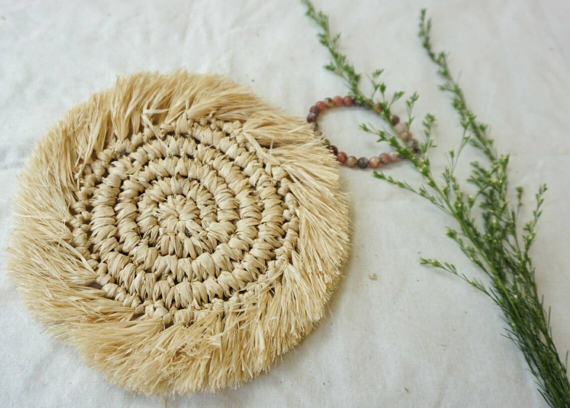 Handmade Round Raffia Coaster Set Raffia Fringe Coaster Set - Etsy