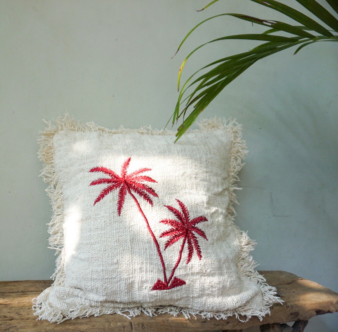 Embroidery White Fringes Palm Tree Pillow Cover | Modern Beachhouse ...