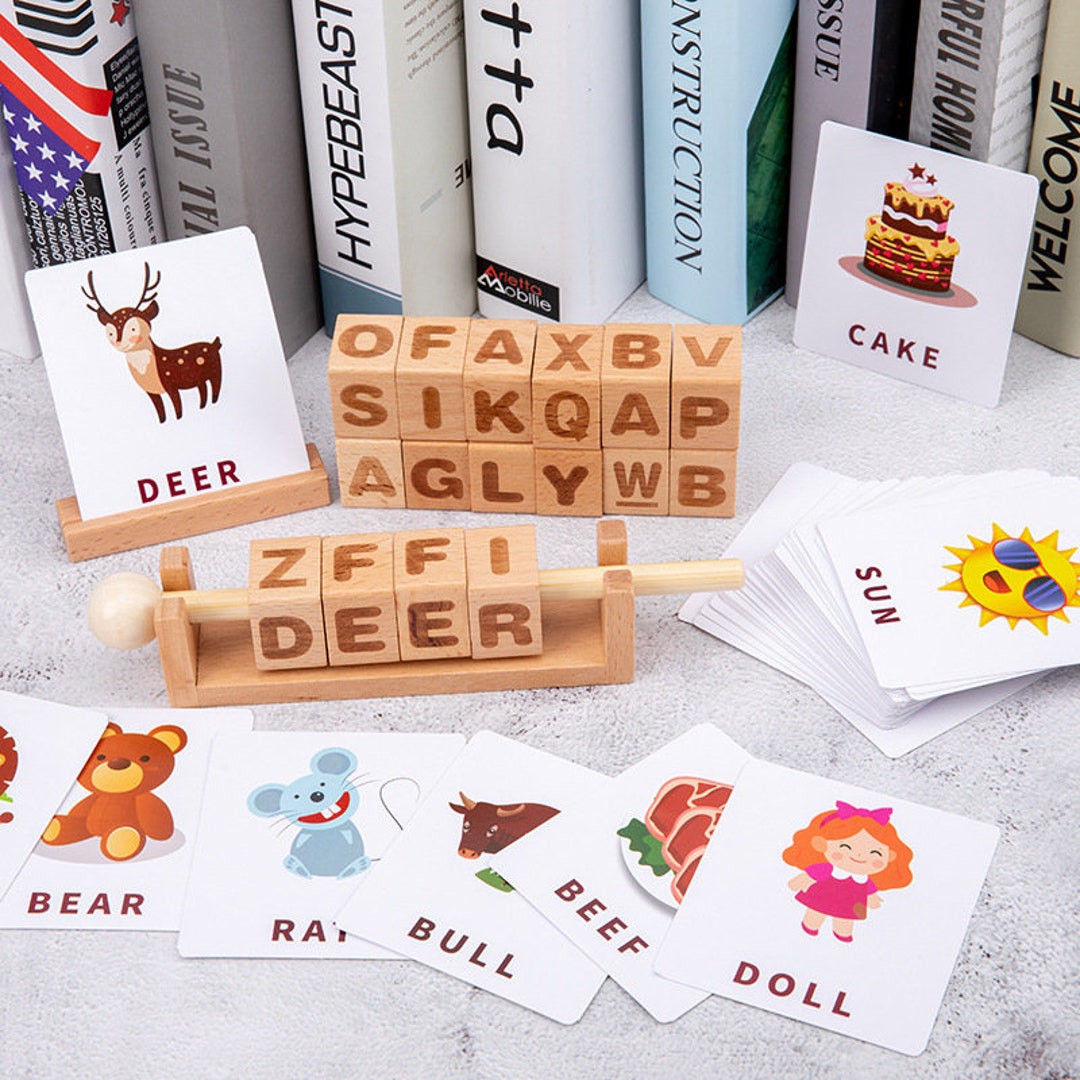 Wooden Alphabet Blocks Spelling Learning Card and Cubes for - Etsy