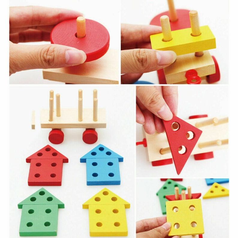 Wooden Train and Geometric Stacking Shape Sorter Toy Excellent - Etsy UK