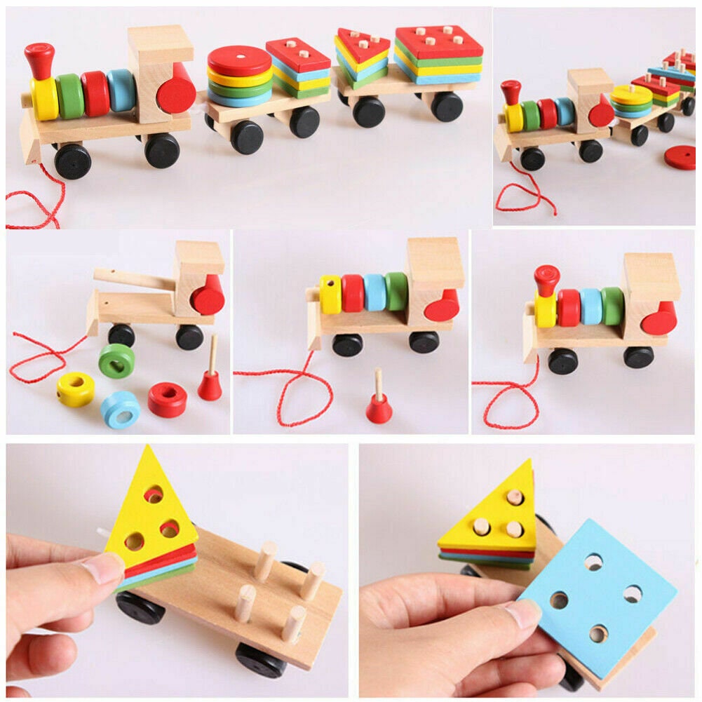 Wooden Train and Geometric Stacking Shape Sorter Toy Excellent - Etsy UK