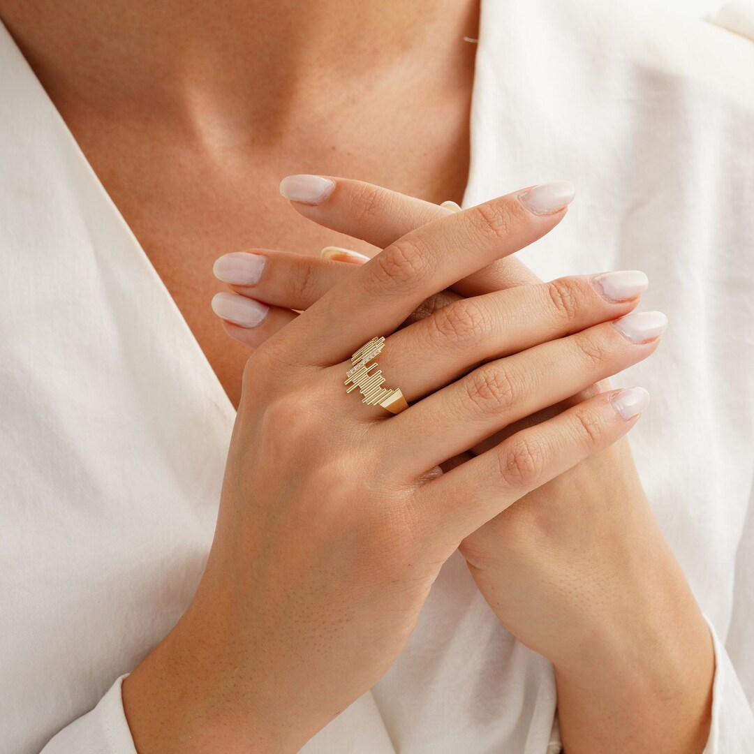 14k Solid Gold Heart Rhythm Ring, Cz Diamond Zigzag Ring, Dainty Pulse ...