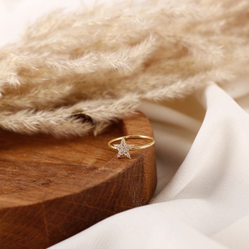 14k Gold Cz Diamond Star Ring Stacking Celestial Star Ring - Etsy