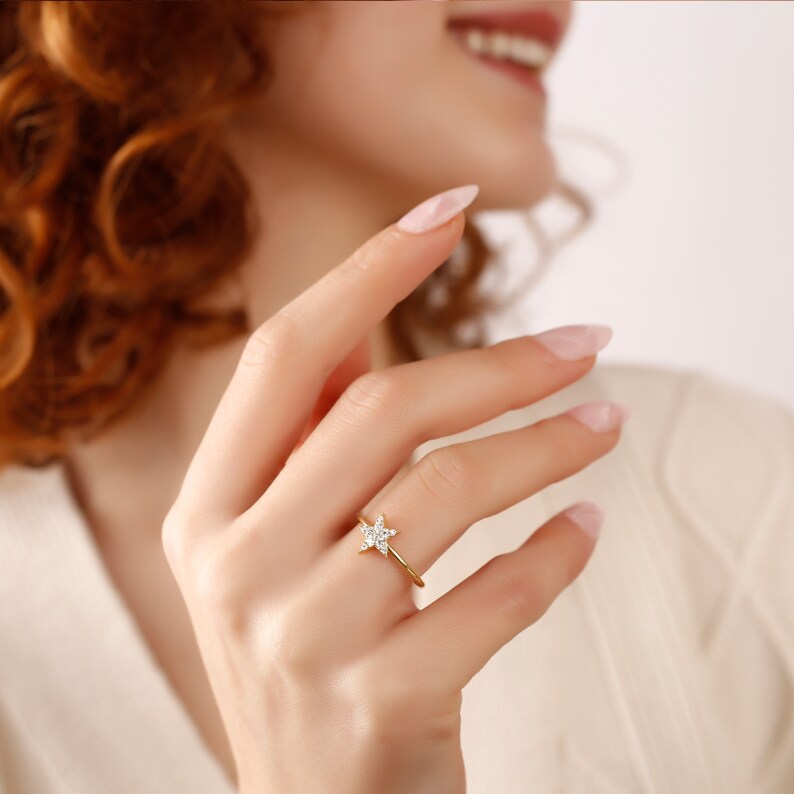 14k Gold Cz Diamond Star Ring Stacking Celestial Star Ring - Etsy