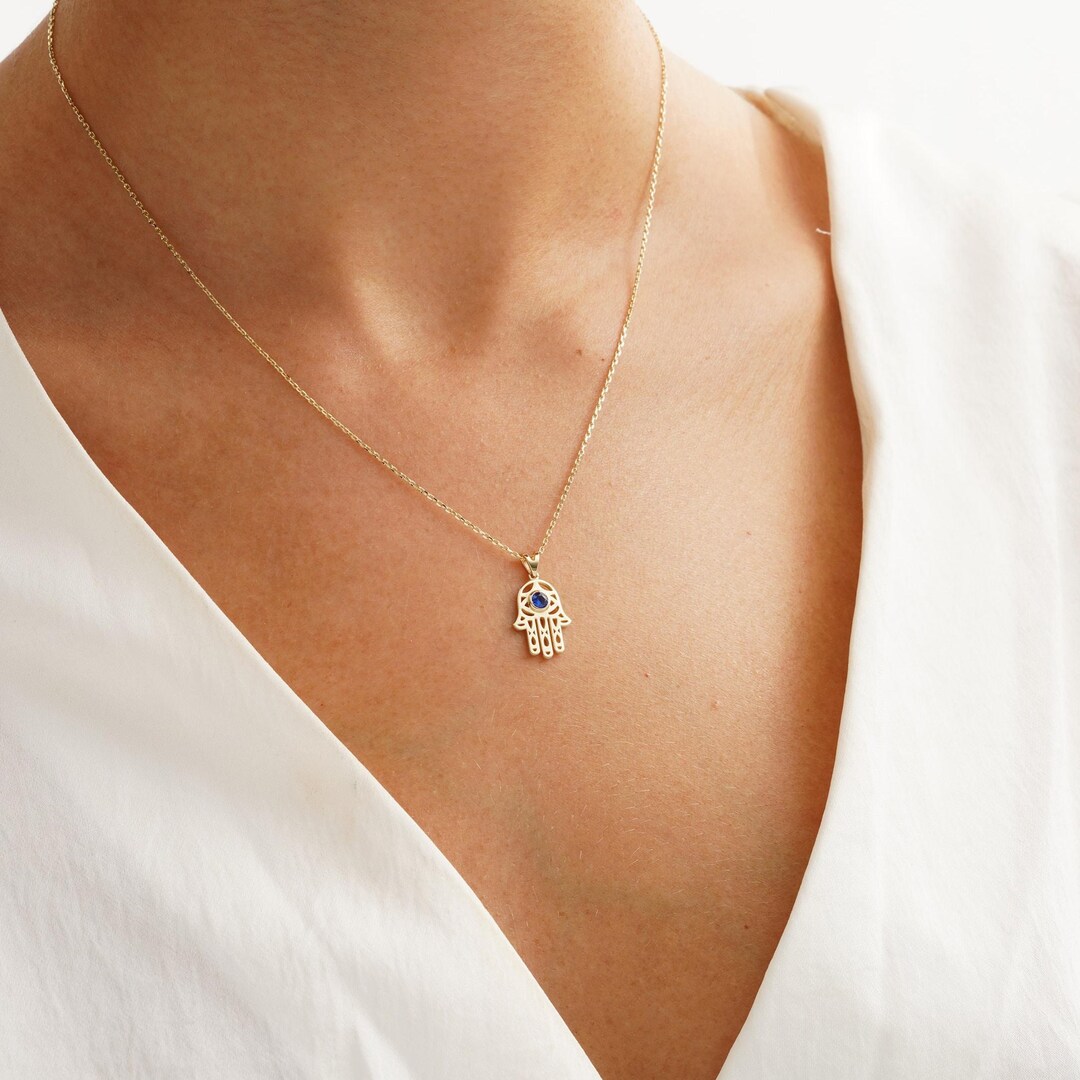 Solid Gold Hamsa Pendant - Hand of Fatima Necklace, Personalized Bezel ...