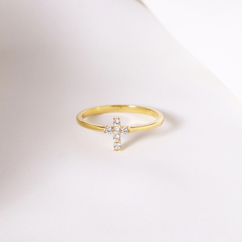 Cz Diamond Cross Ring 14k Gold Tiny Cross Ring Stacking - Etsy