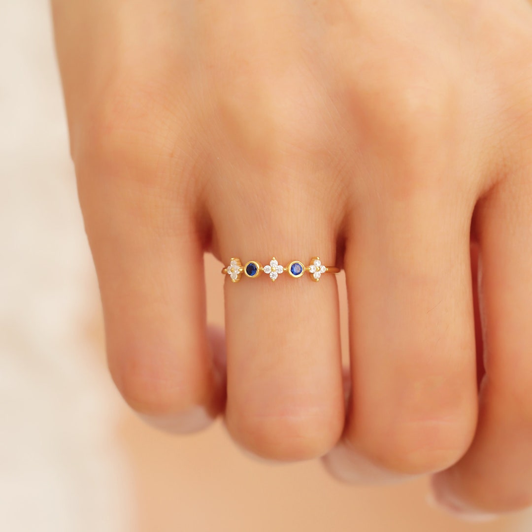 Dainty Sapphire Stackable Ring, 14k Gold Minimal Cz Ring, Tiny Stacking Ring, Simple Ring ...
