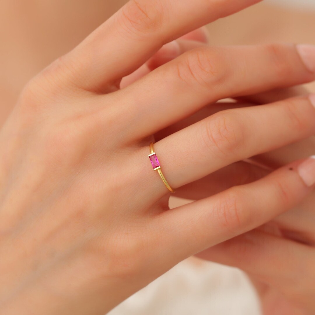 14k Dainty Baguette Ruby Ring, Solitaire Ruby Ring, 18k Real Gold Ruby ...