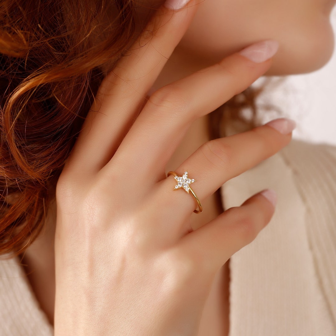14k Gold Cz Diamond Star Ring, Stacking Celestial Star Ring, 18k Yellow ...