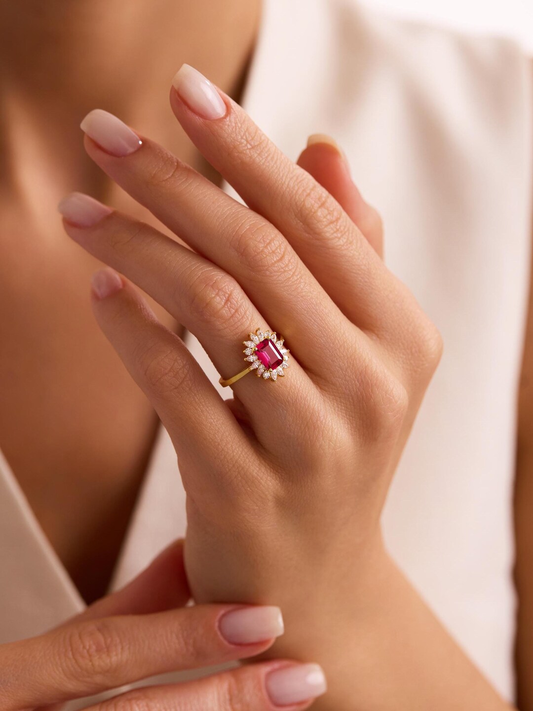 14k Solid Gold Ruby Ring, Emerald Cut Ruby Engagement Ring, Dainty Ruby Halo Ring, Rectangle ...