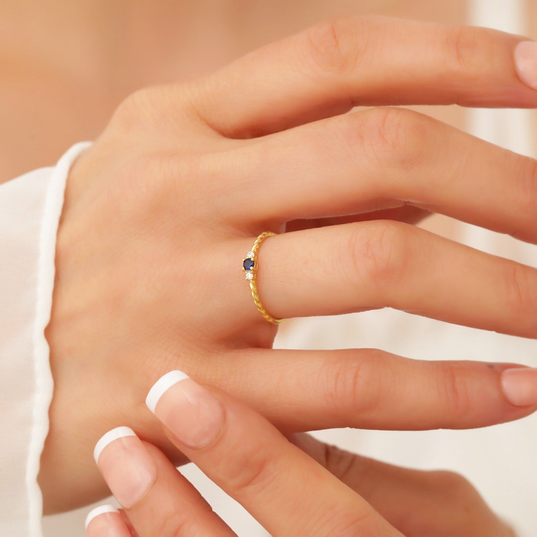 14k Minimalist Sapphire Stackable Ring, Dainty Sapphire Promise Ring ...