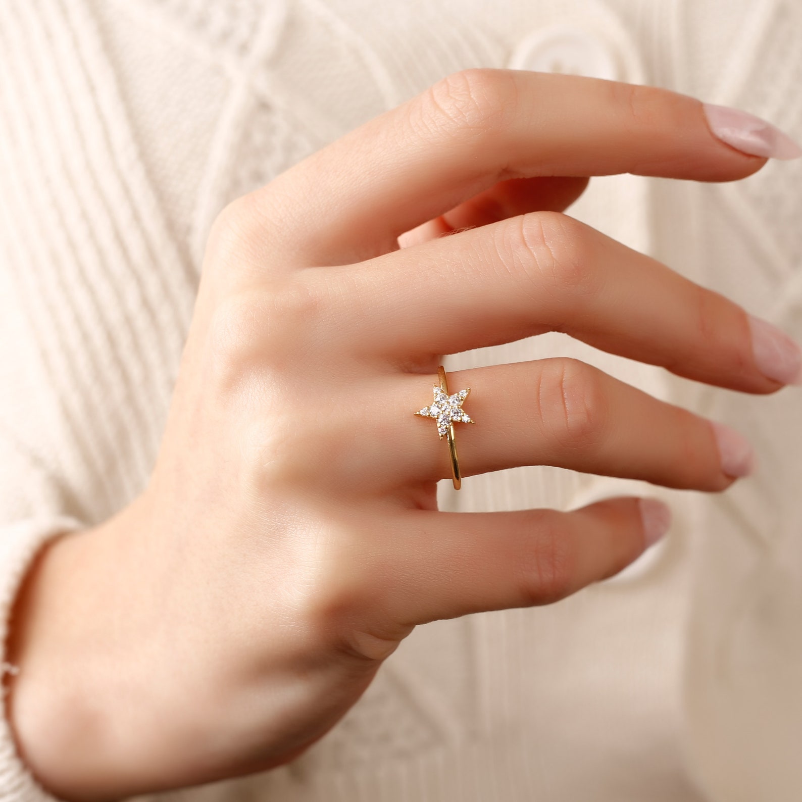 14k Gold Cz Diamond Star Ring Stacking Celestial Star Ring - Etsy