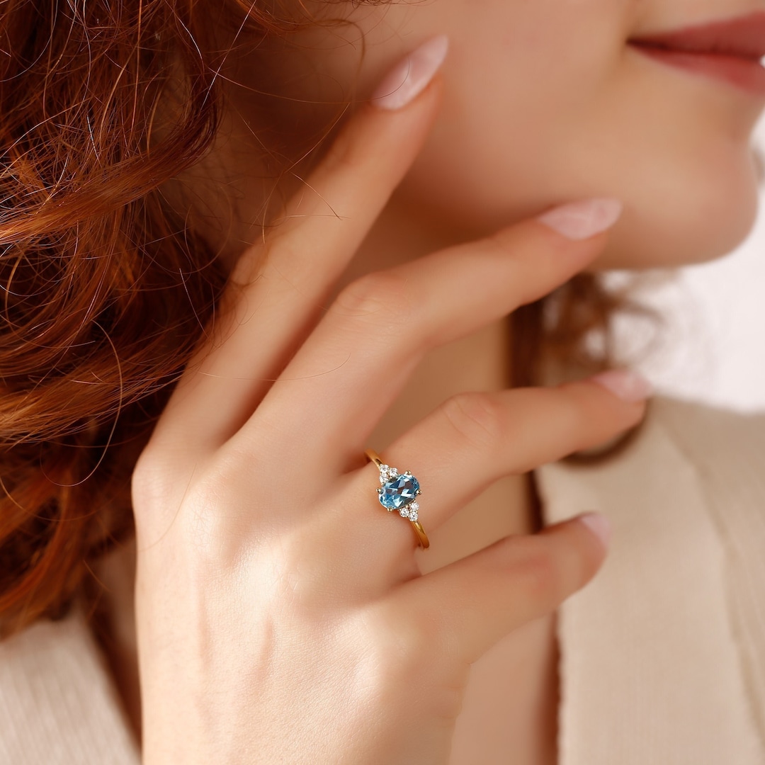 14k Blue Topaz Engagement Ring, Natural Swiss Blue Topaz Promise Ring ...