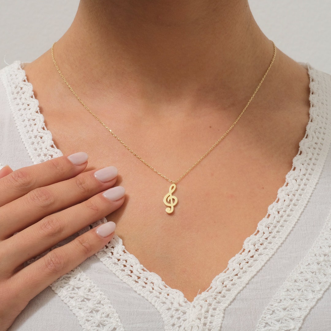 14k Solid Gold Treble Clef Necklace, Musical Note Jewelry, 18k Musical ...