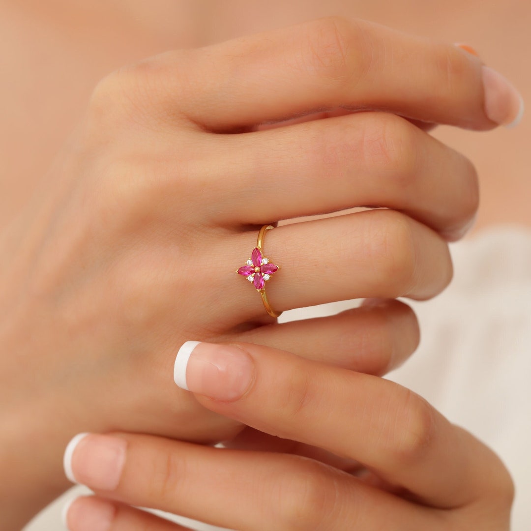 14k Solid Gold Ruby Ring, Ruby Flower Ring, July Birthstone Ring ...