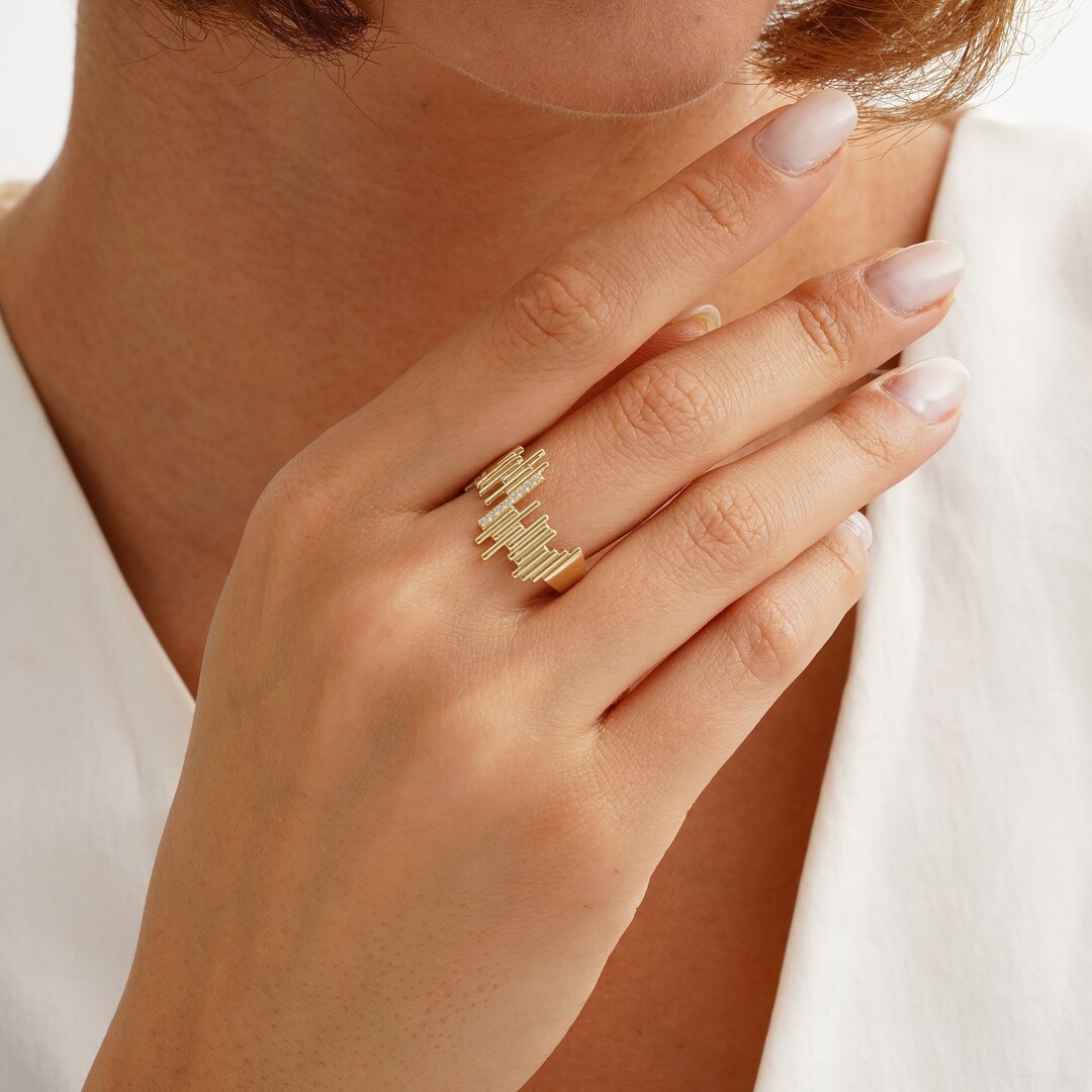 14k Solid Gold Heart Rhythm Ring Cz Diamond Zigzag Ring - Etsy