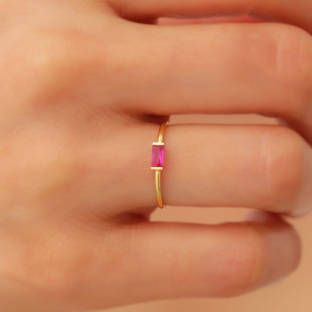 14k Baguette Ruby Ring, Minimalist Ruby Band Ring Solid Gold, July Birthstone Ring, Dainty Ruby ...