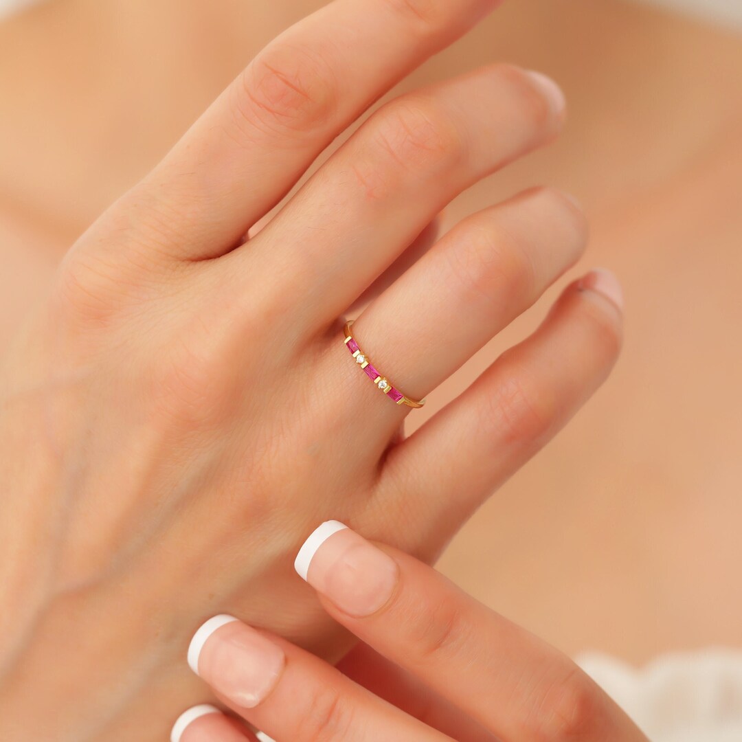 14k Dainty Ruby Band Ring, Baguette Ruby Ring Solid Gold, Minimalist Ruby and Diamond Ring Women ...